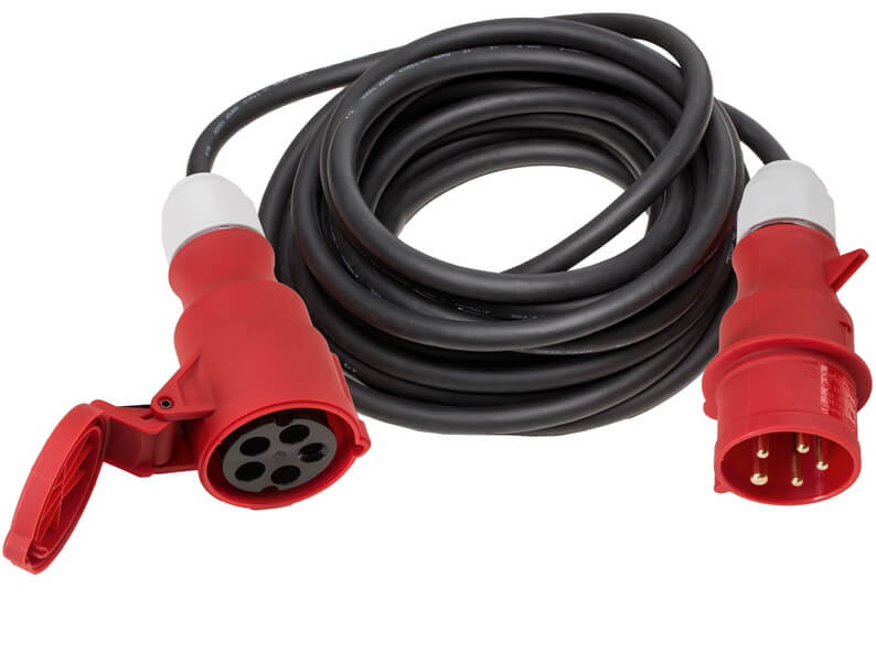 Extension cable CEE 400V 16A 1.5mm², plug and coupling red 6h – SEV